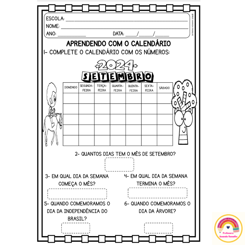 Atividade Aprendendo com o calendário: setembro 2024 – Prof Amanda ramalho